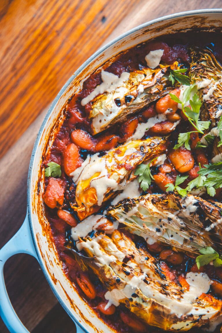 Harissa Butter Bean & Hispi Cabbage Bake I Georgie Eats
