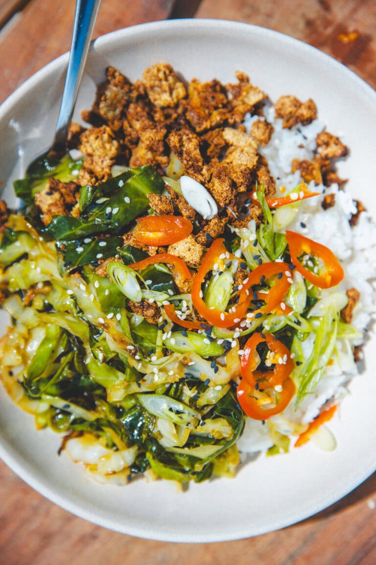 Hispi Cabbage Stir-Fry & Crispy Tofu Bowls I Georgie Eats